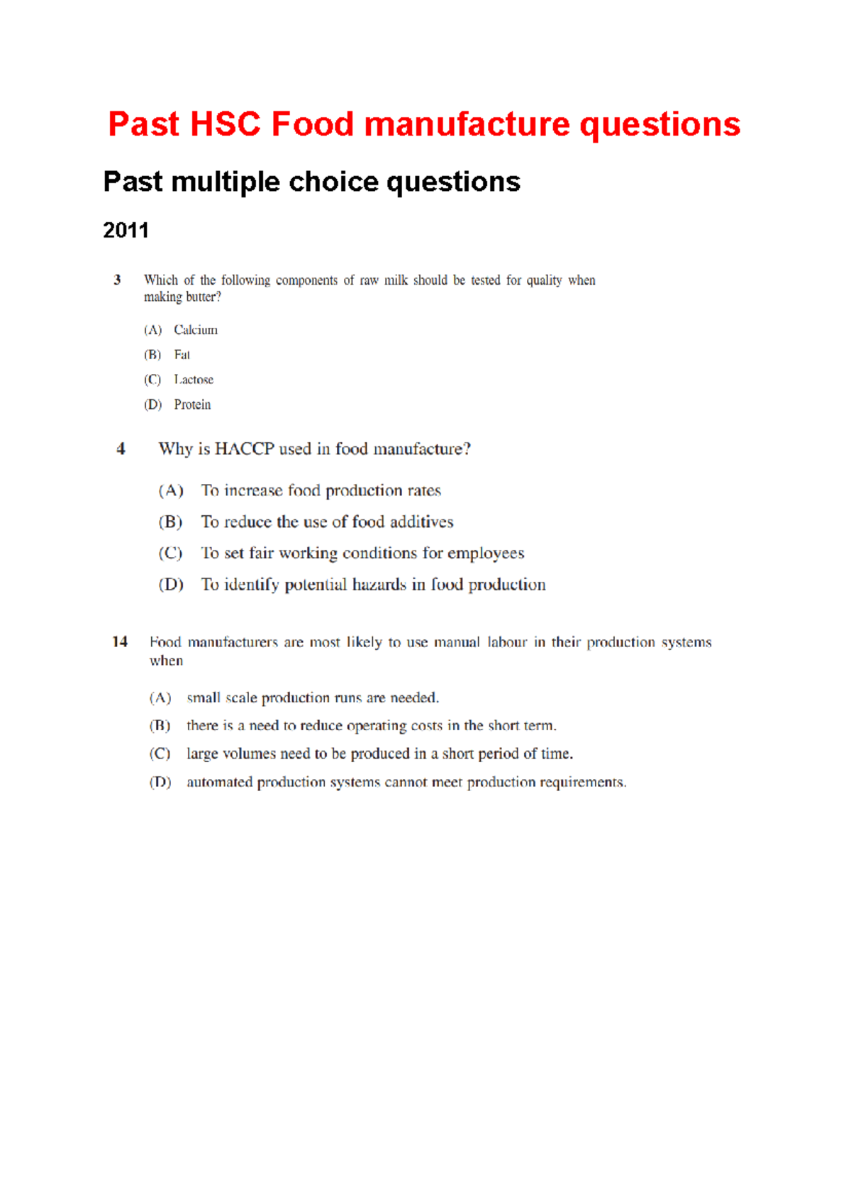 Past HSC Food Technology: Manufacture Questions and Trial Paper - Studocu