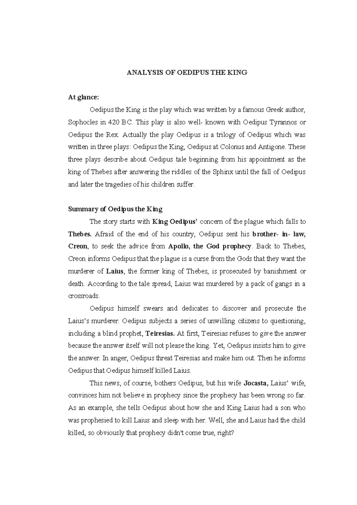 Oedipus the King (ENG 201): Detailed Analysis and Themes - Studocu