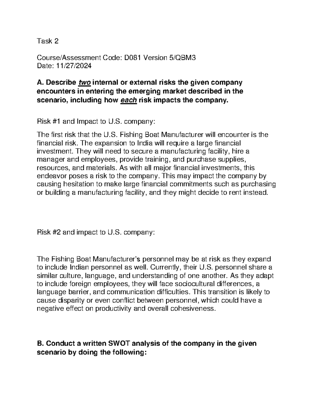 D081 Task 2 - Internal and External Risks Analysis for Market Entry ...
