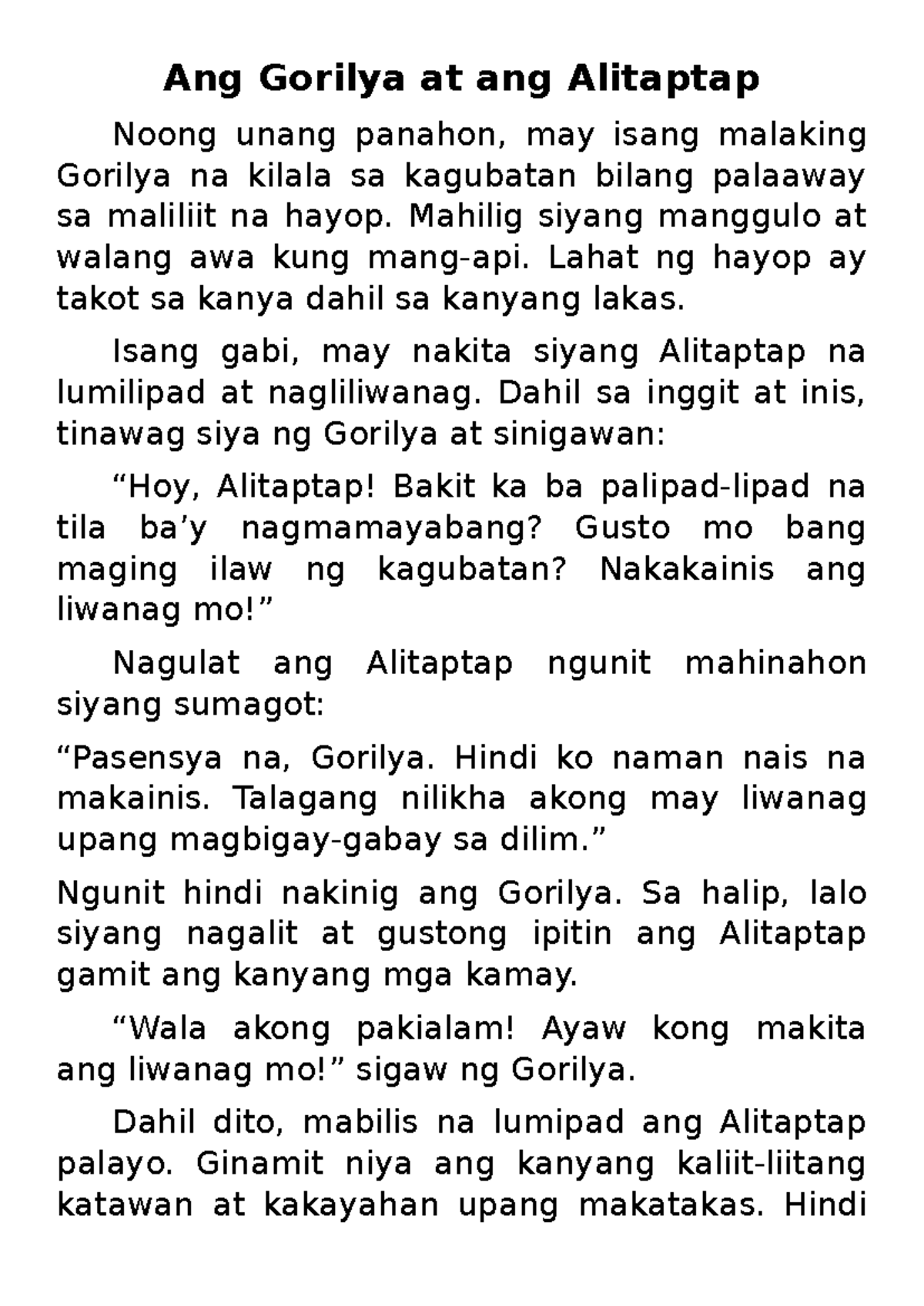 Ang Kwento ng Gorilya at Alitaptap: Isang Aral sa Liwanag - Studocu