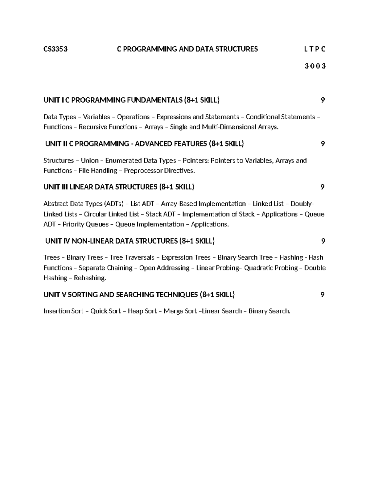 CS3353 C Programming Syllabus: Data Structures & Techniques - Studocu