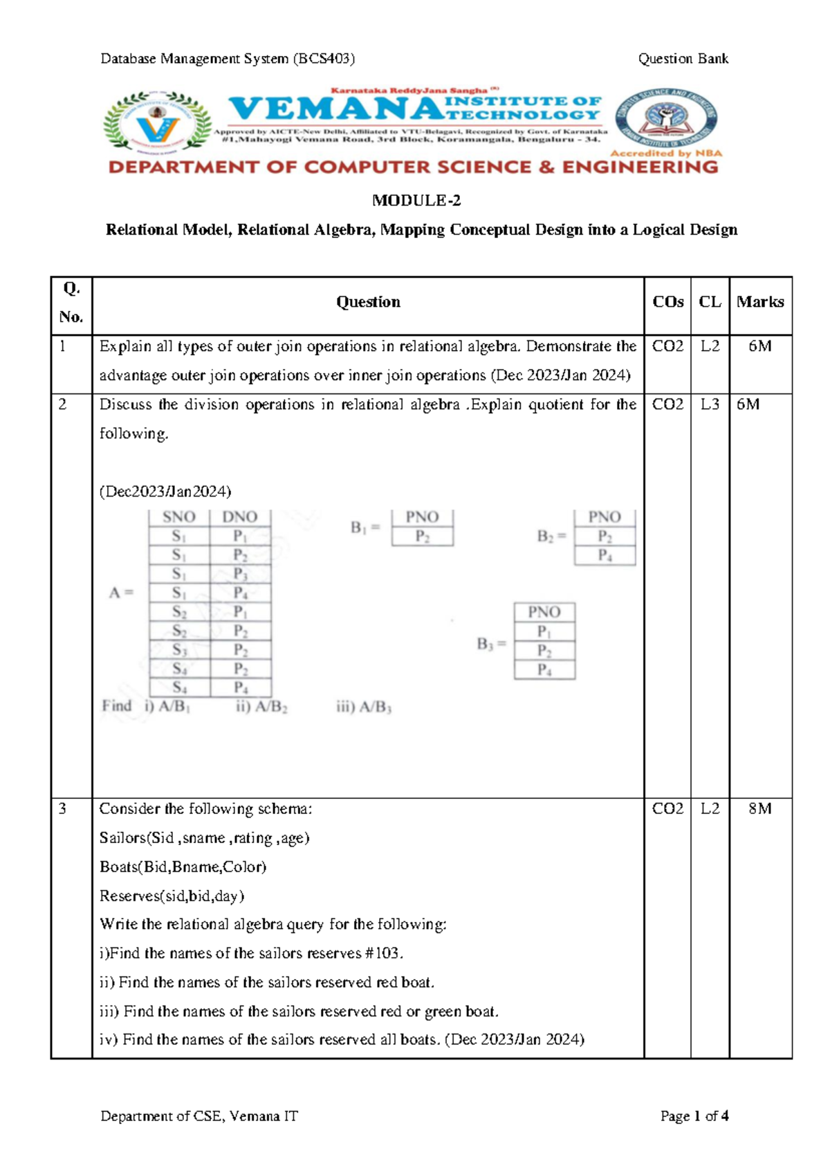 BCS403 DBMS Question Bank: Relational Model & Algebra Concepts - Studocu