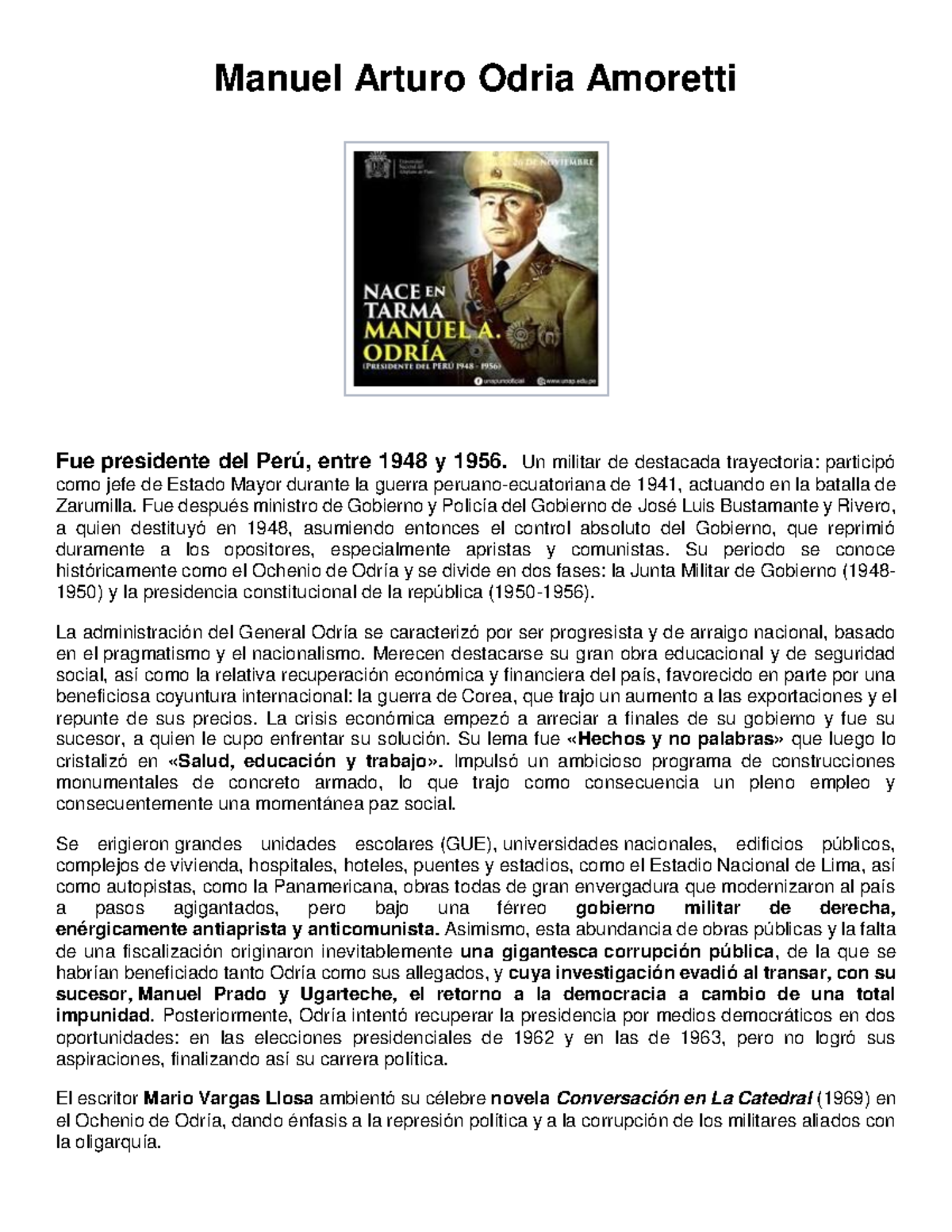 Manuel A. Odría: Un Análisis de su Presidencia (1948-1956) - Studocu