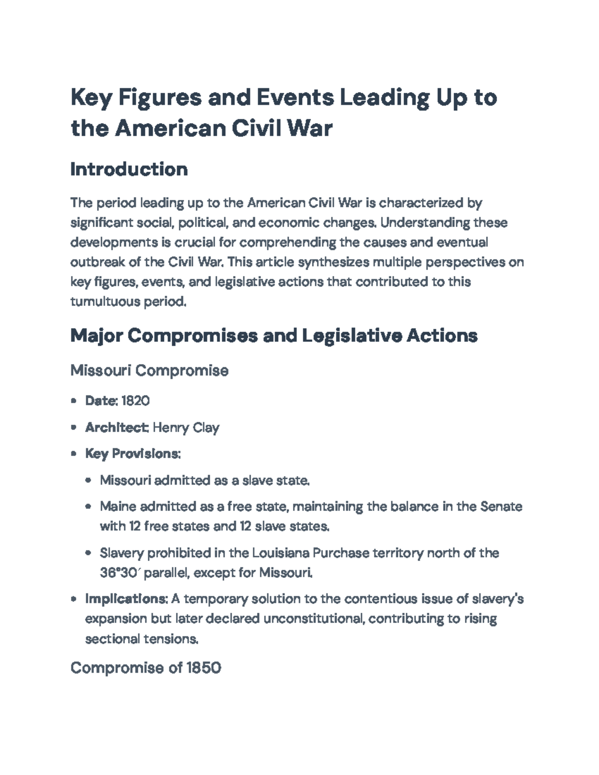 Key Figures and Legislative Actions Leading Up to the Civil War - Key ...