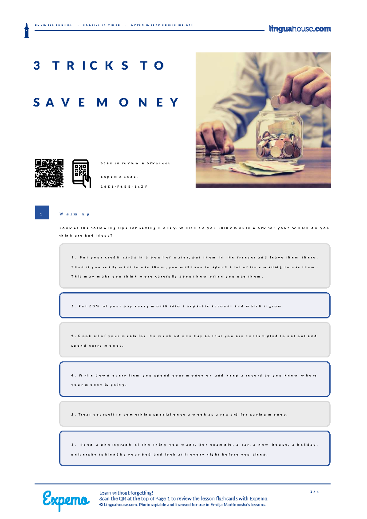 BUSINESS ENGLISH: 3 Tricks to Save Money - Worksheet Guide - Studocu