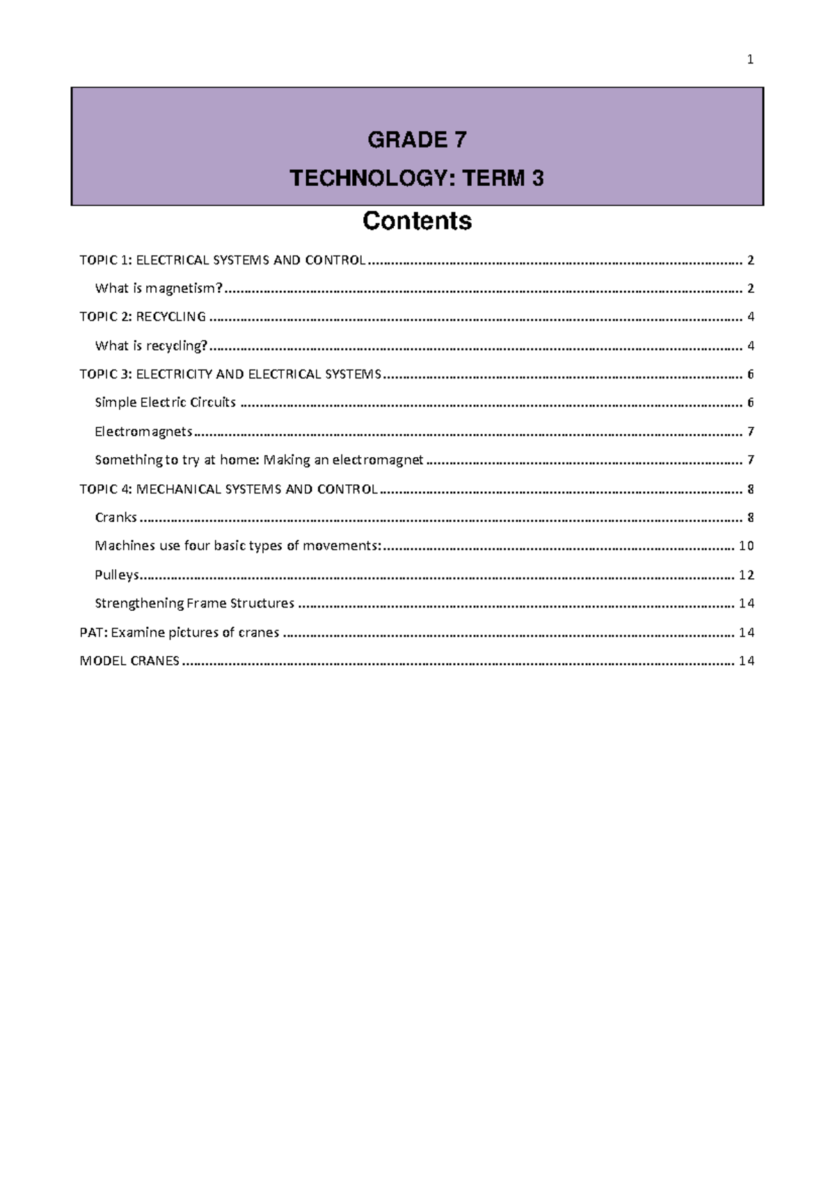 Grade 7 Technology T3 2018 Study Guide: Electrical Systems & Recycling ...