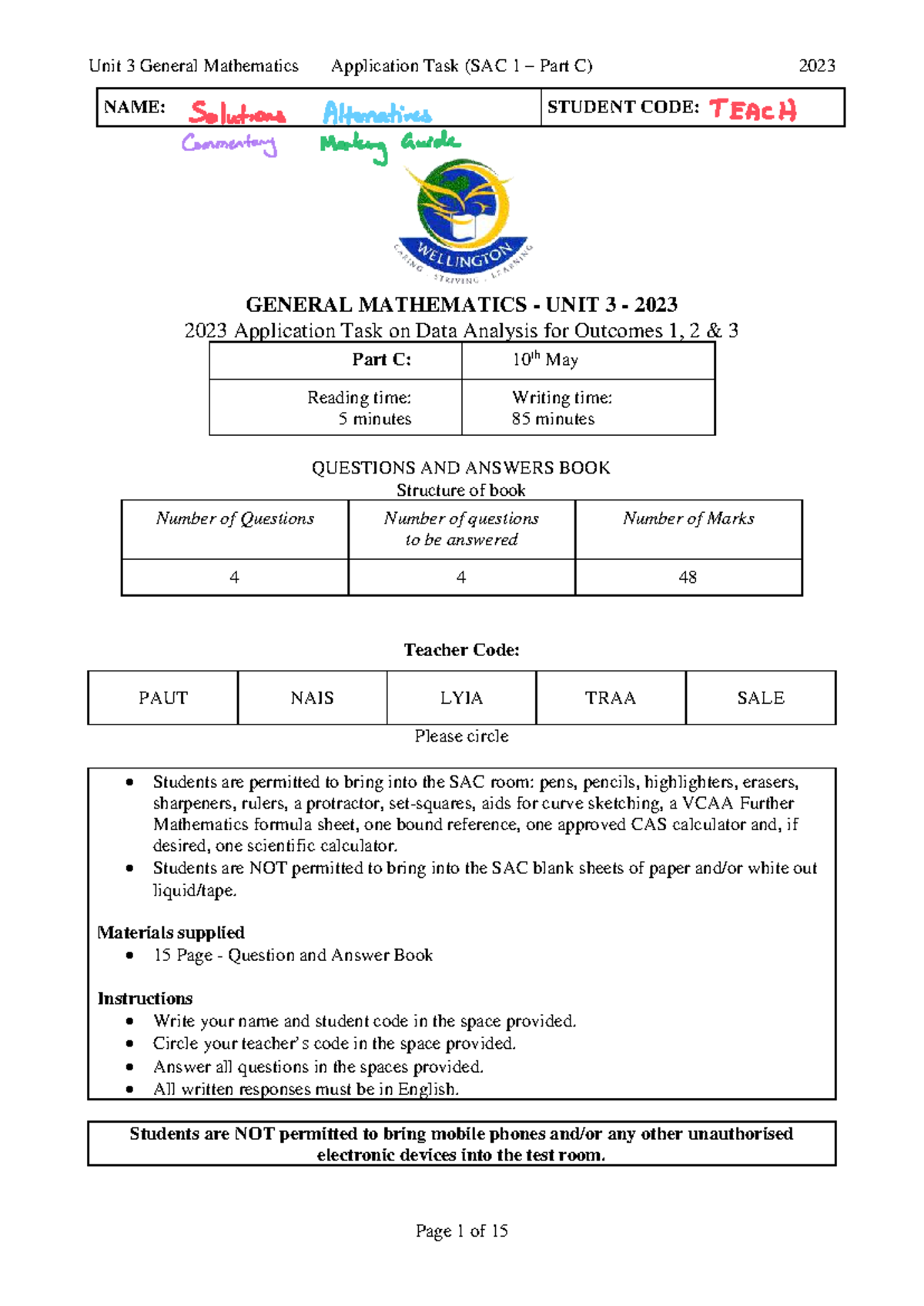 2023 General Mathematics Unit 3 SAC 1 Part C - Solutions - Studocu