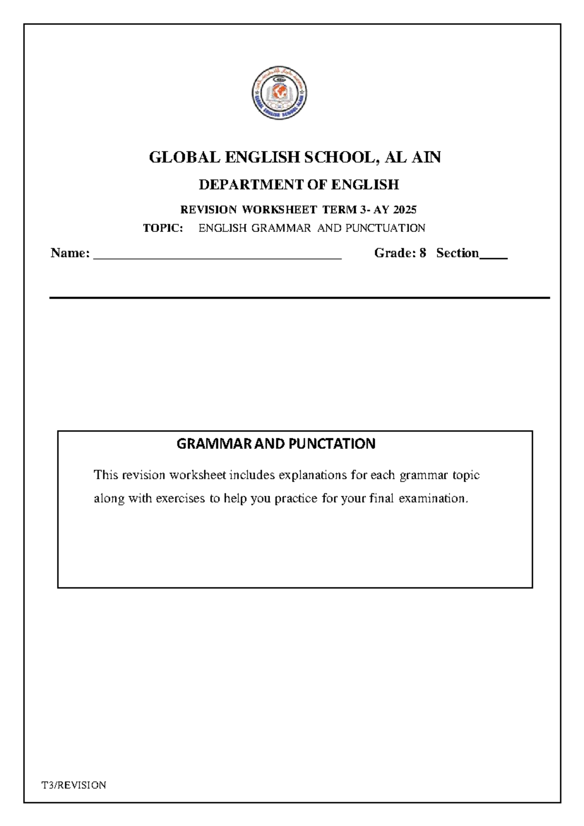 Grade 8 EOY Revision Worksheet: English Grammar & Punctuation - Studocu