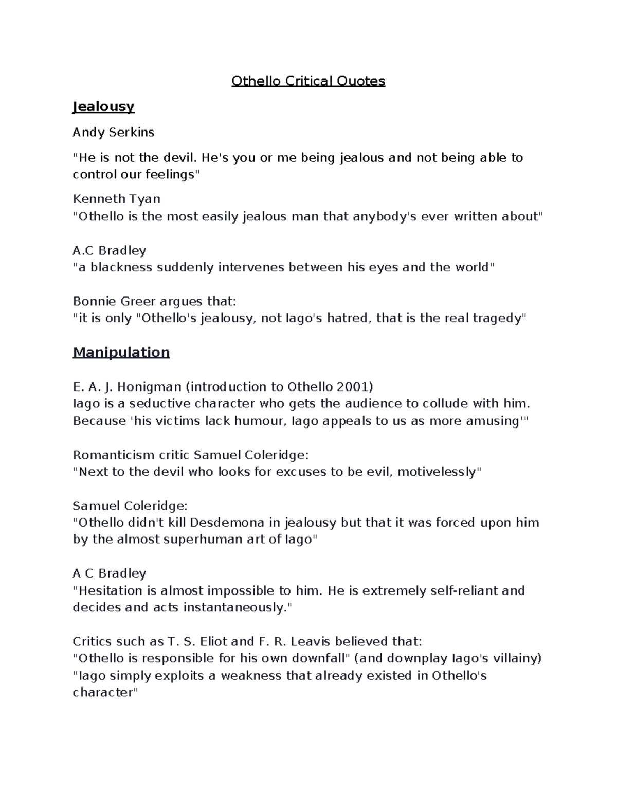 Othello Critique: Key Quotes on Jealousy, Manipulation & Identity - Studocu