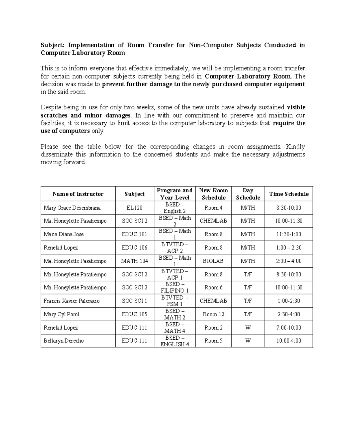 Computer Laboratory Room Policy - Subject: Implementation of Room ...