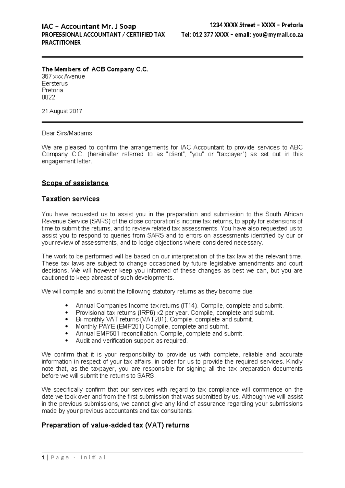 Engagement Letter for Tax & Accounting Services - IAC 1234 - Studocu