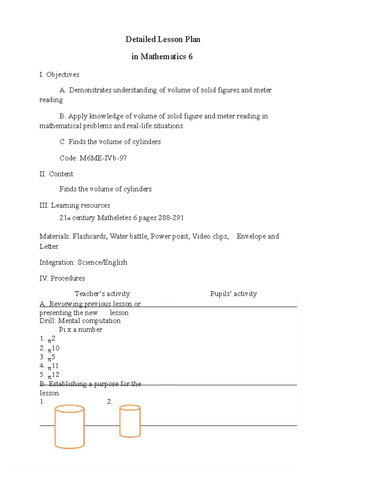 Mathematics 6 Detailed Lesson Plan: Volume of Cylinders - Studocu