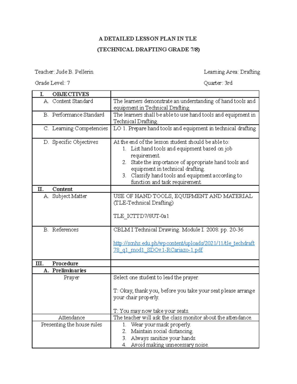 Detailed Lesson Plan: TLE Drafting for Grades 7/8 (3rd Quarter) - Studocu