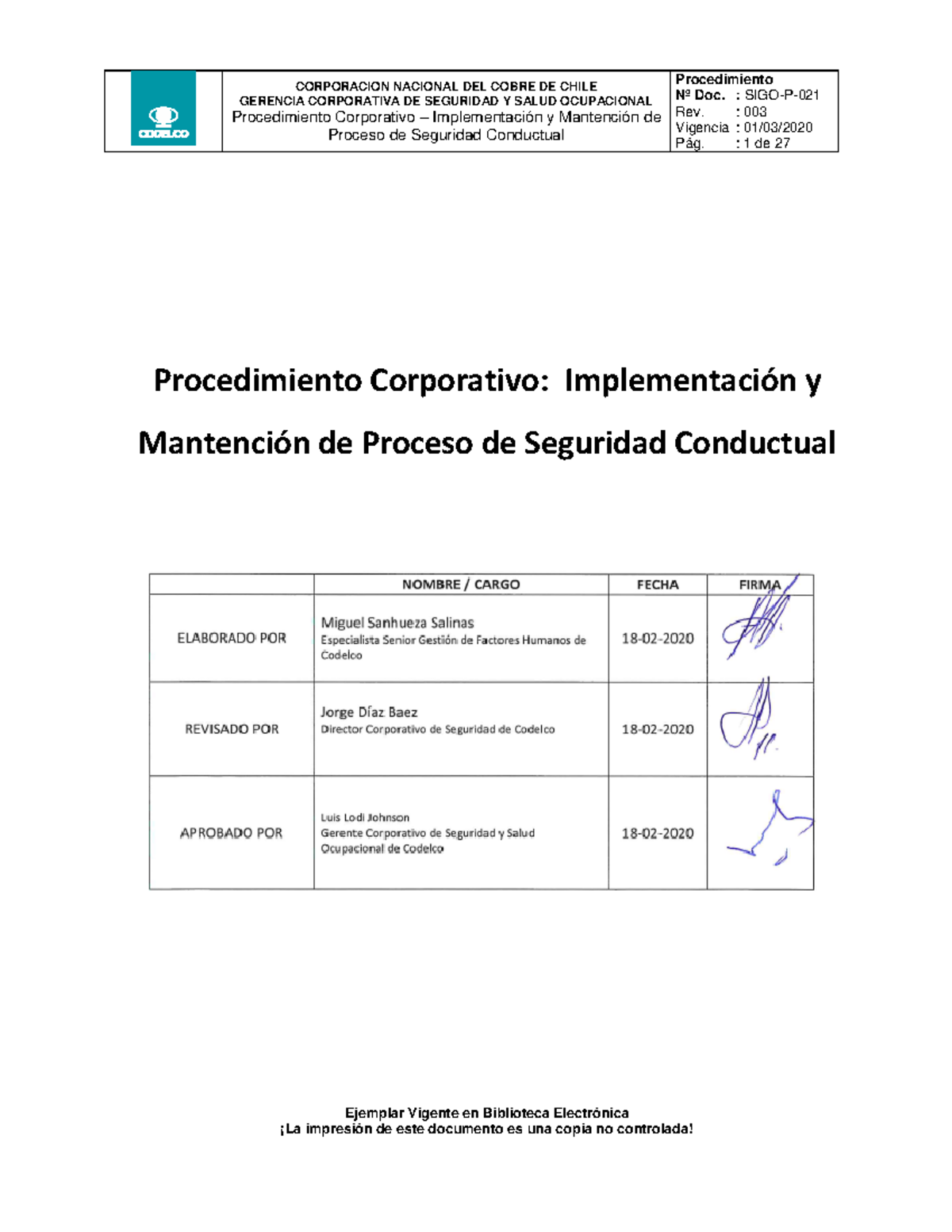 Guía Procedimiento SIGO-P-021: Seguridad Conductual Rev. 003 - Studocu