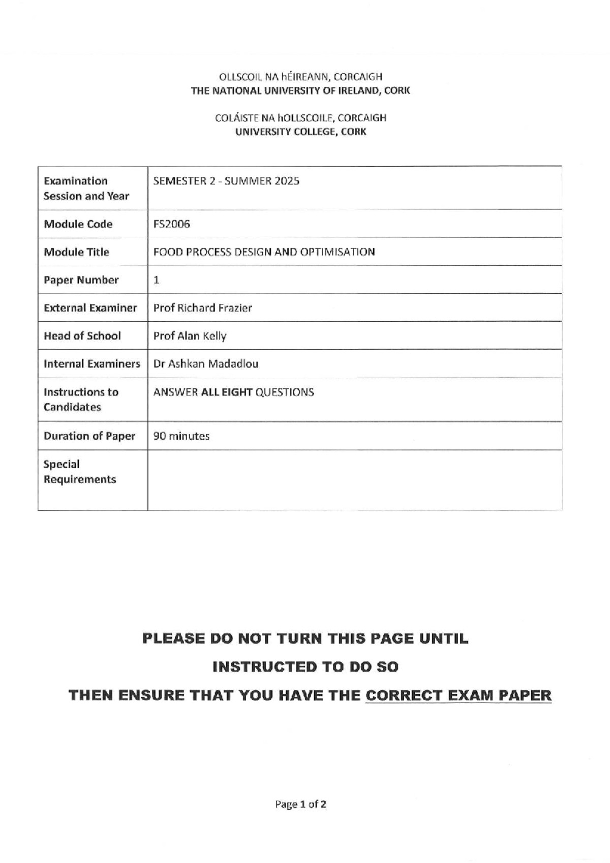 FS2006 Food Process Design & Optimisation - Summer 2024 Past Exam Paper ...