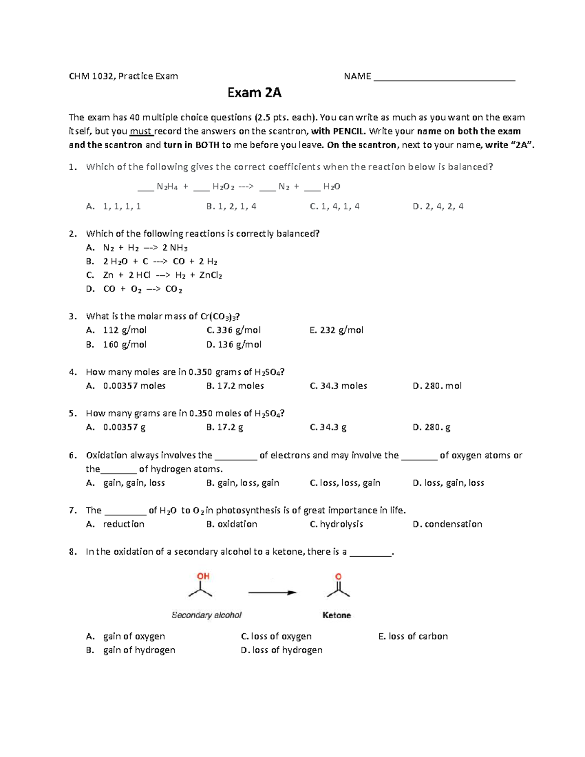 CHM 1032, Practice Exam 2A: Key Concepts & Sample Qs - Studocu