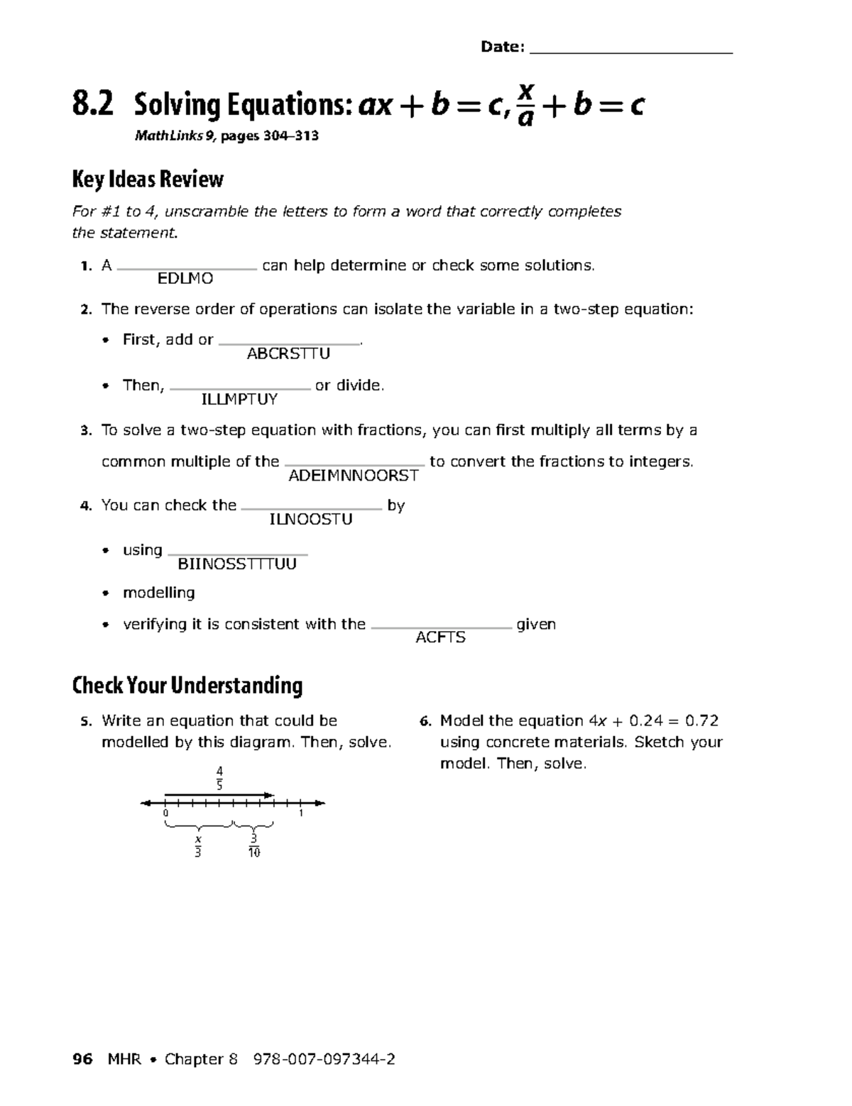 96 MHR - Chapter 8: Solving Two-Step Equations and Key Ideas - Studocu