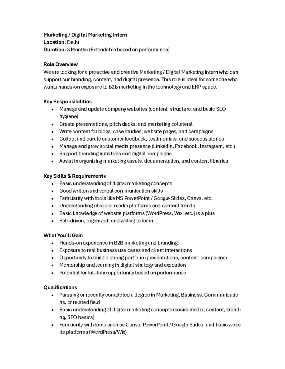 JD for Digital Marketing Intern - Delhi (3 Months) - Studocu