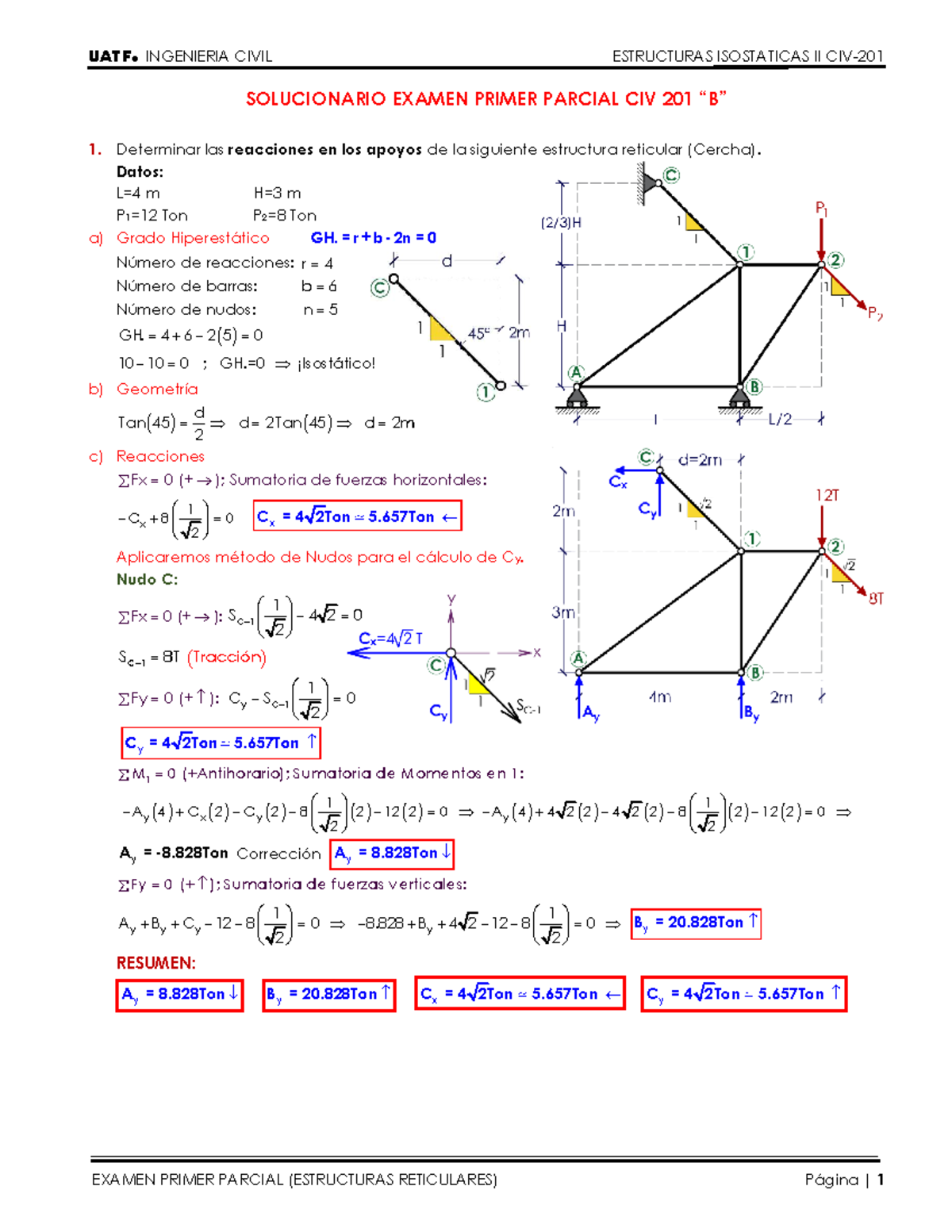 SOLUCIÓN EXAMEN PRIMER PARCIAL CIV 201 - ESTRUCTURAS RETICULARES - Studocu