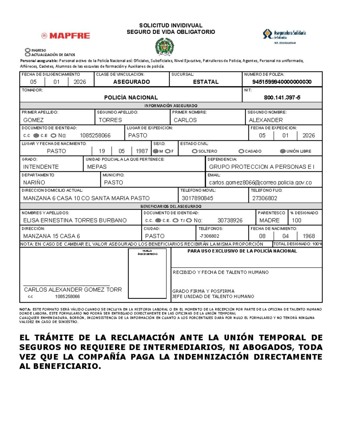 Solicitud Individual Seguro de Vida Obligatorio - Policía Nacional ...