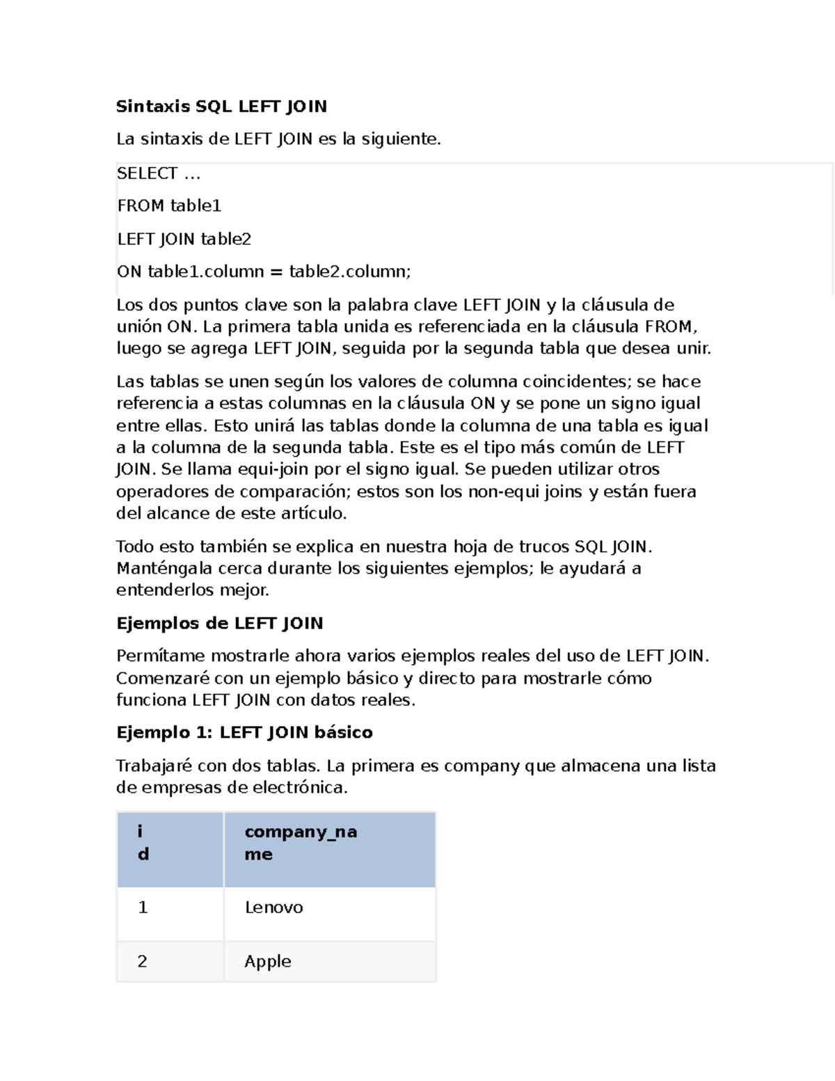 Ejercicios de LEFT JOIN en SQL: Sintaxis y Ejemplos - Studocu