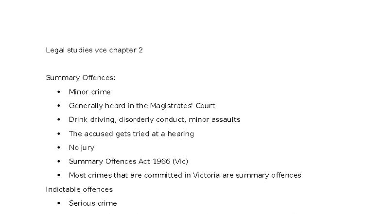 Legal Studies VCE Chapter 2: Summary Offences Overview - Studocu