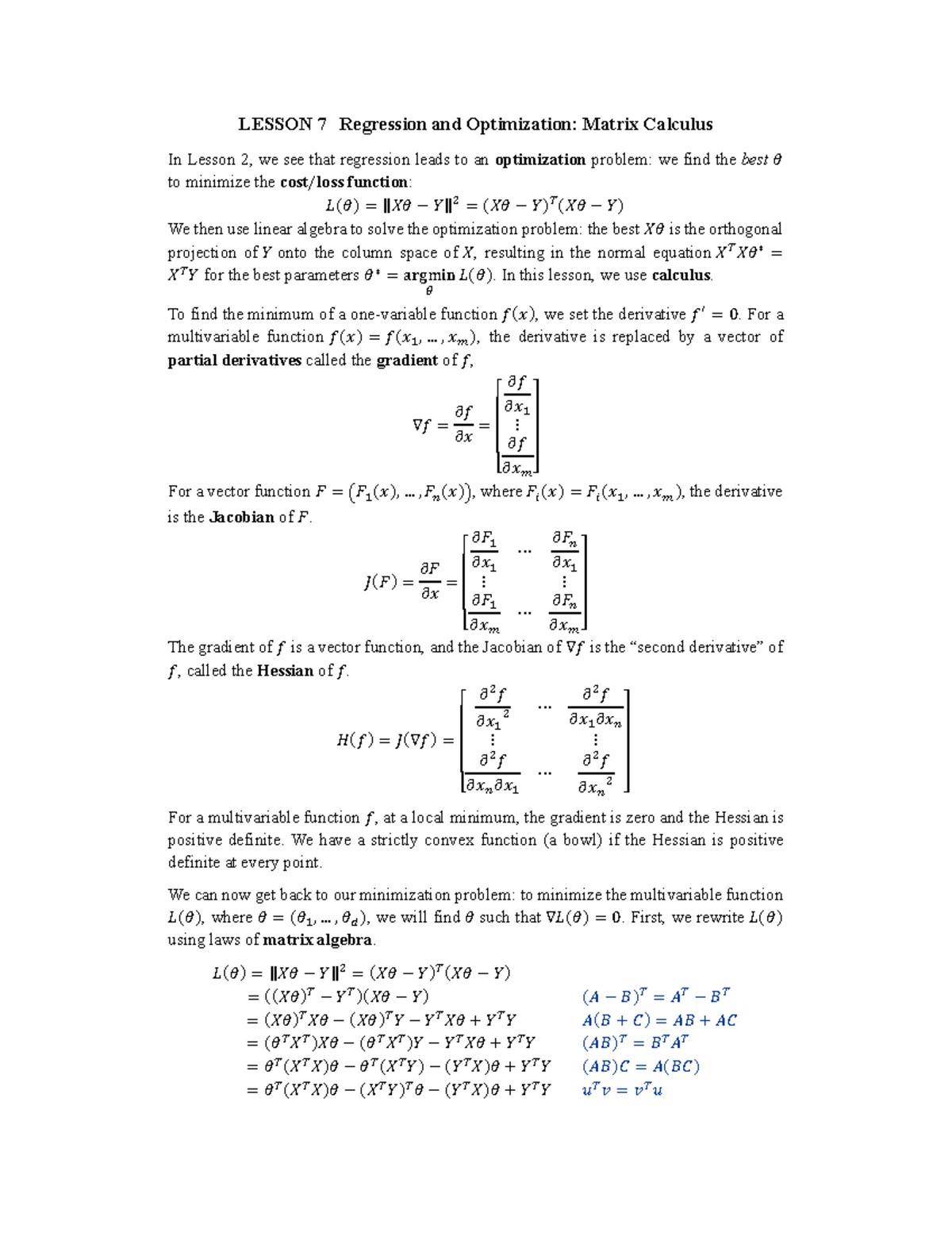 Matrix Calculus & Optimization: Lesson 7 - Regression Techniques - LESSON 7 Regression and - Studocu