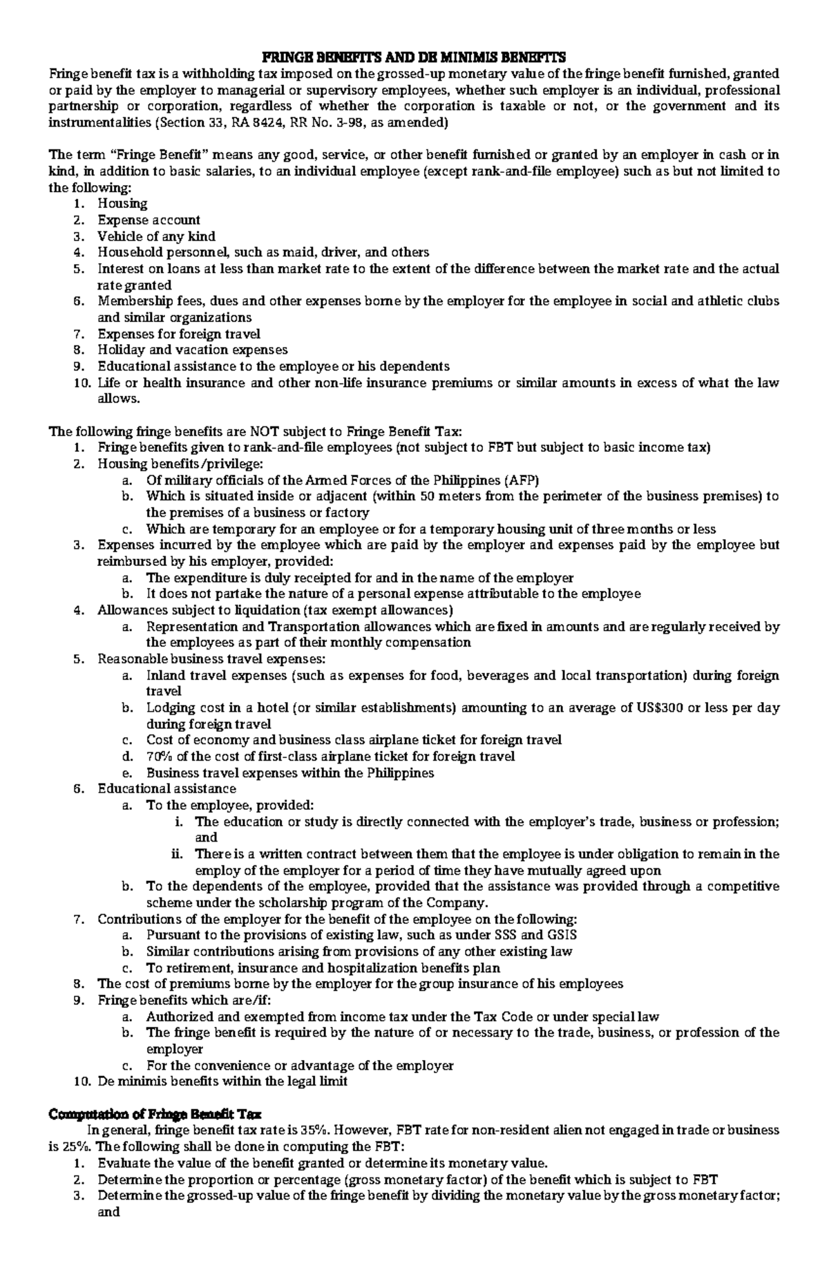 Fringe Benefits & De Minimis Benefits Overview (Taxation 101) - Studocu