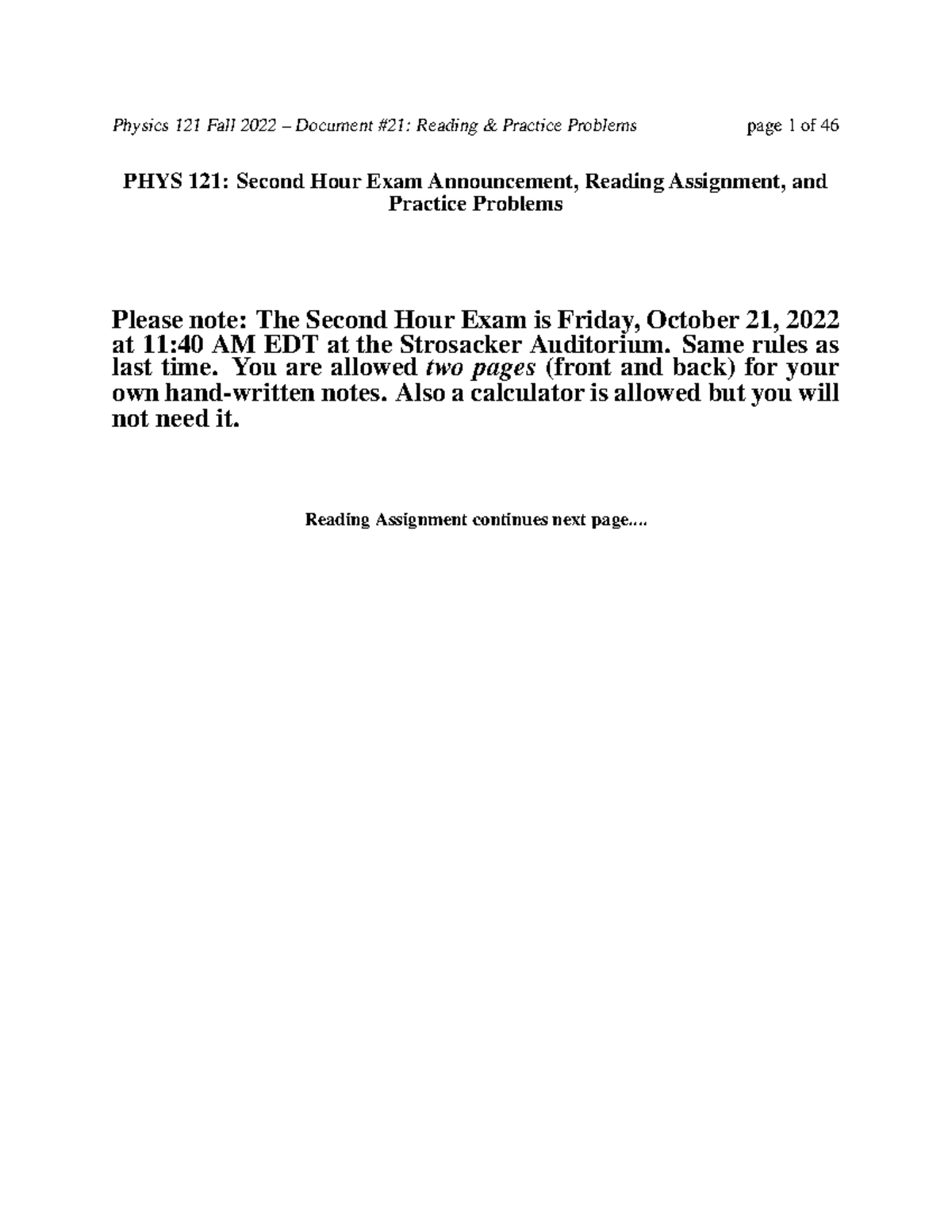 Practice Problems for PHYS 121: Second Hour Exam Preparation - Studocu