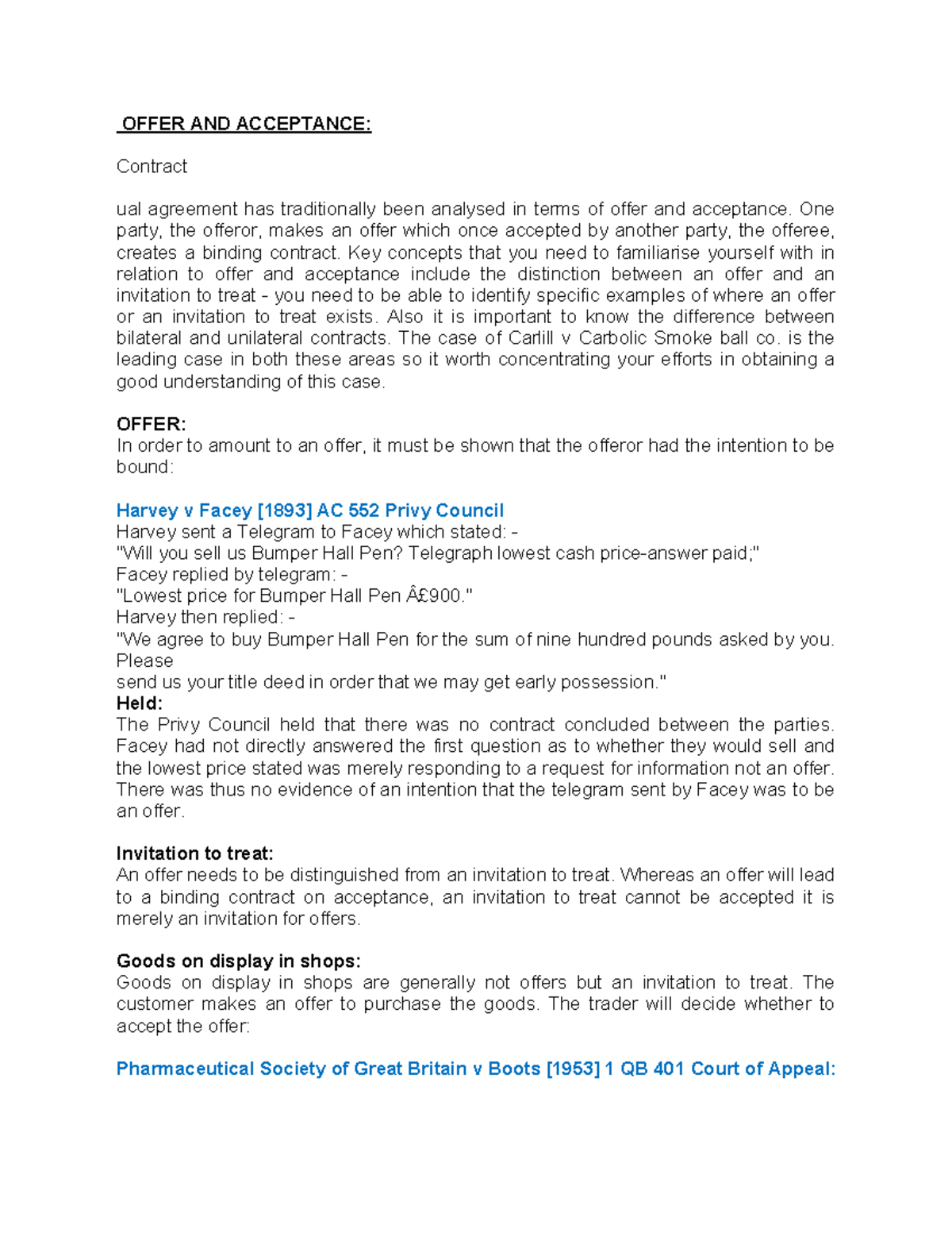 OFFER AND ACCEPTANCE: Key Concepts in Contract Law (LAW101) - Studocu