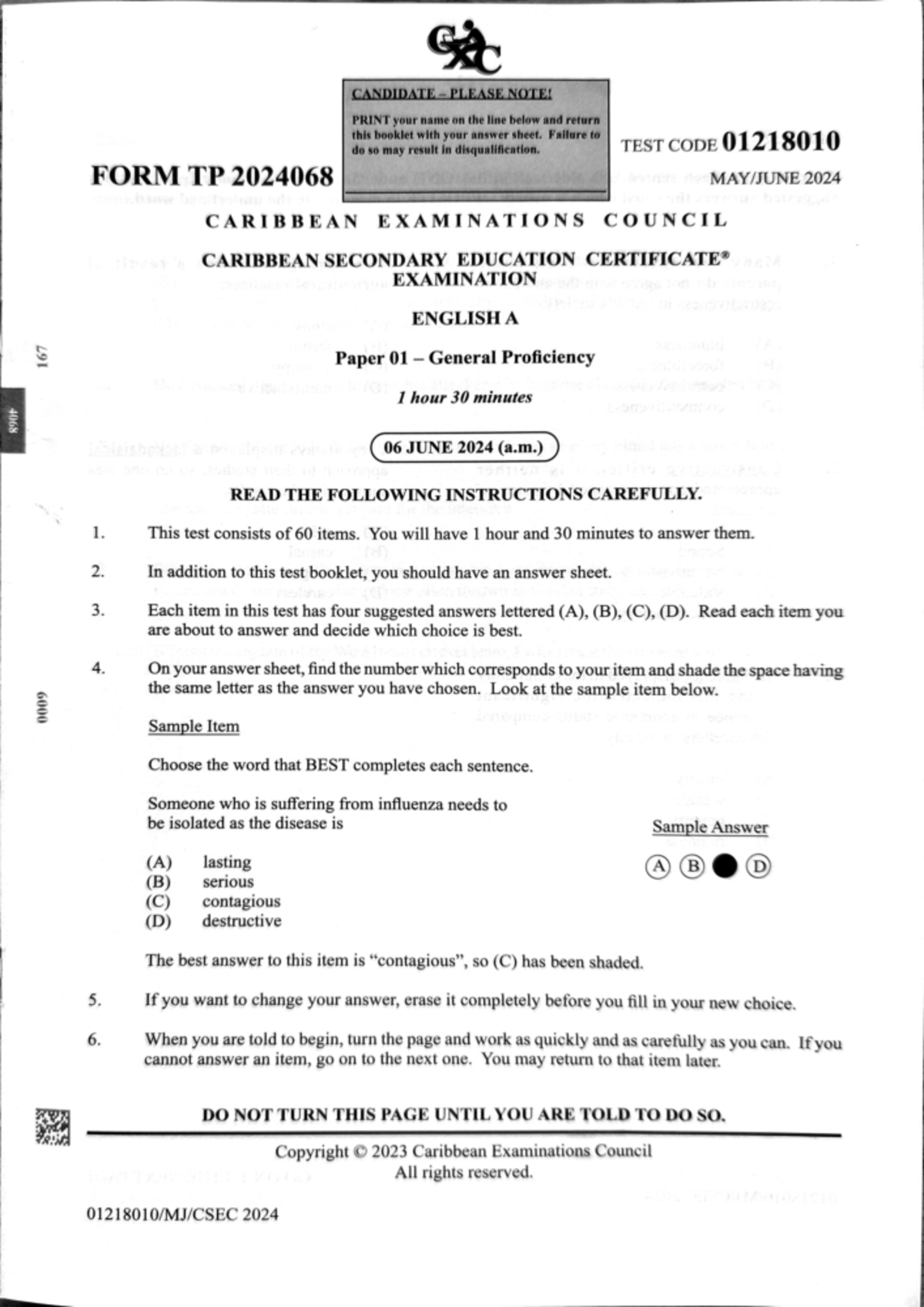 740032636 CSEC English A Paper 1 June 2024 - Test Instructions and ...