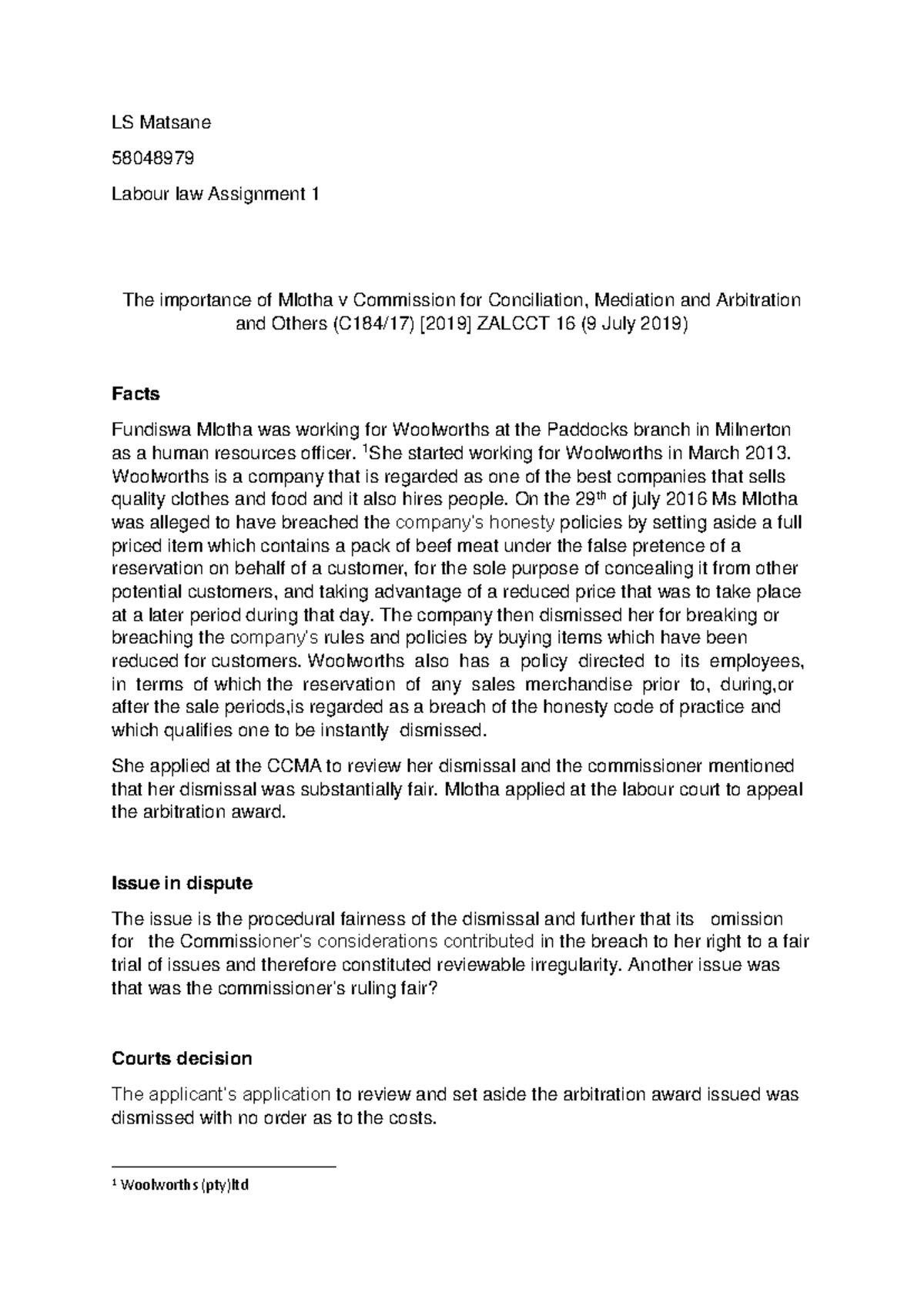 LS Matsane Labour Law Assignment 1: Mlotha v CCMA Case Analysis - Studocu