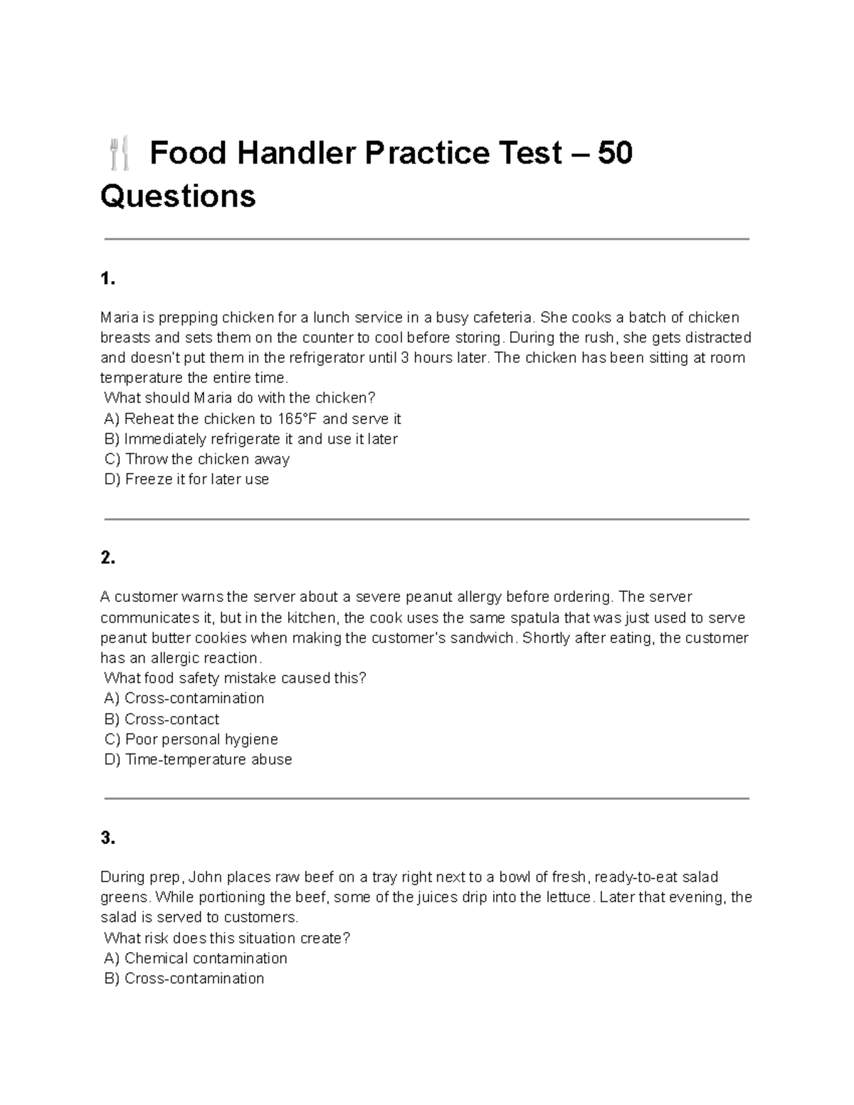 Food Handler Practice Test - 50 Questions (Exam Prep) - Studocu
