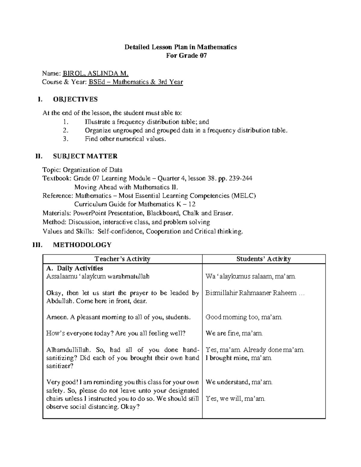Detailed Lesson Plan in Math for Grade 07: Data Organization ...