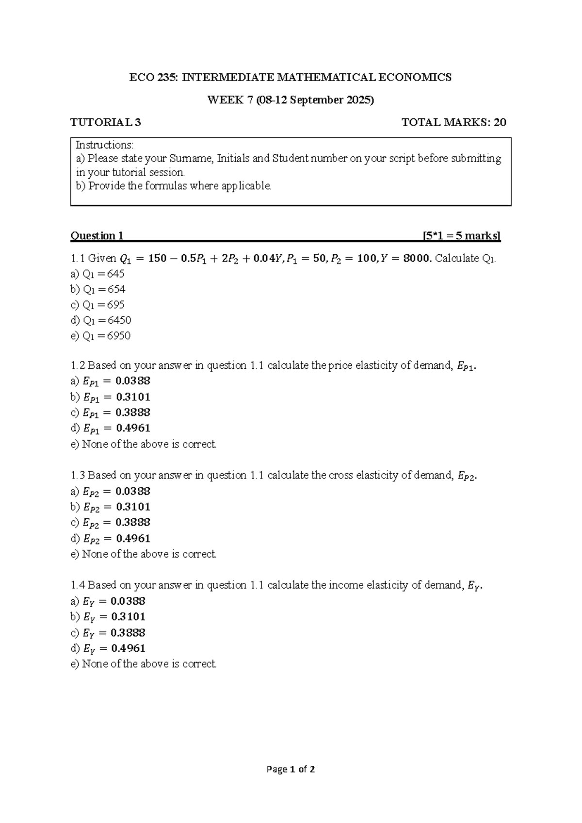 ECO 235: Intermediate Mathematical Economics Tutorial 3 (Sept 2025 ...