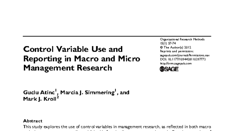 Control Variables in Management Research: Best Practices and Insights ...