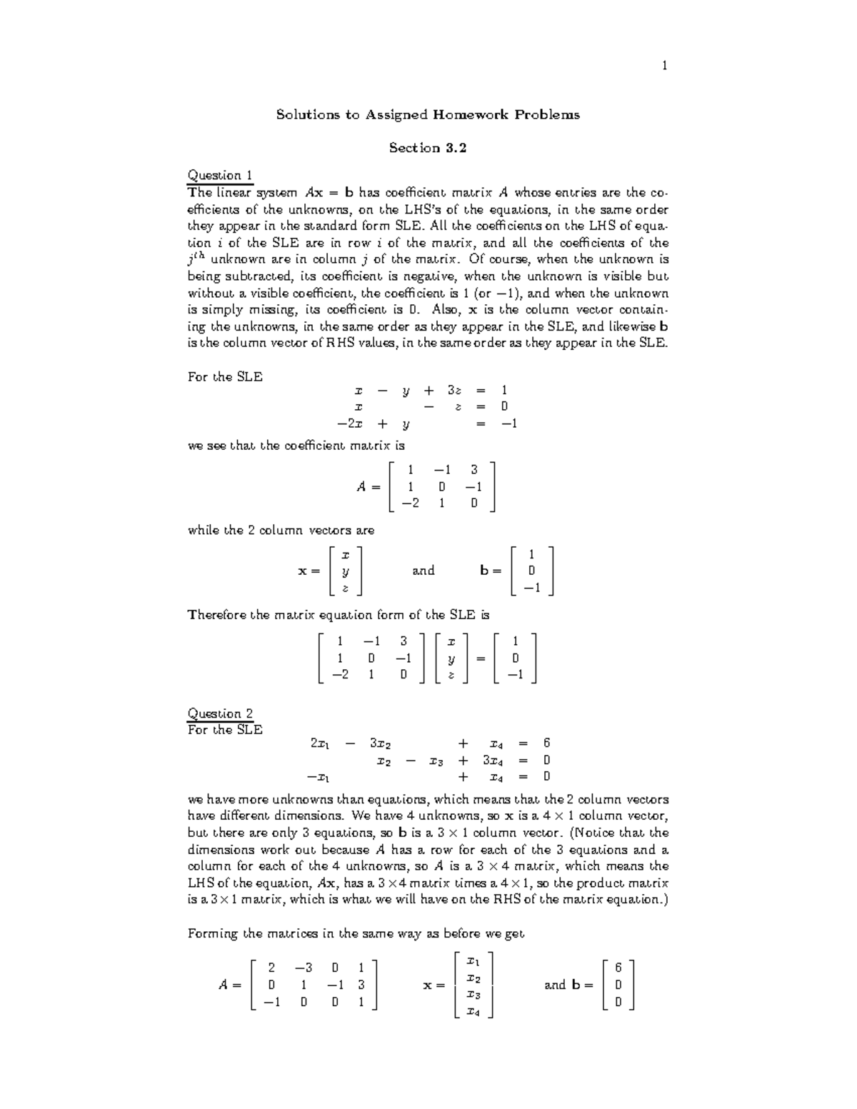 Homework Solutions for Section 3.2 - Linear Systems and Matrices - Studocu