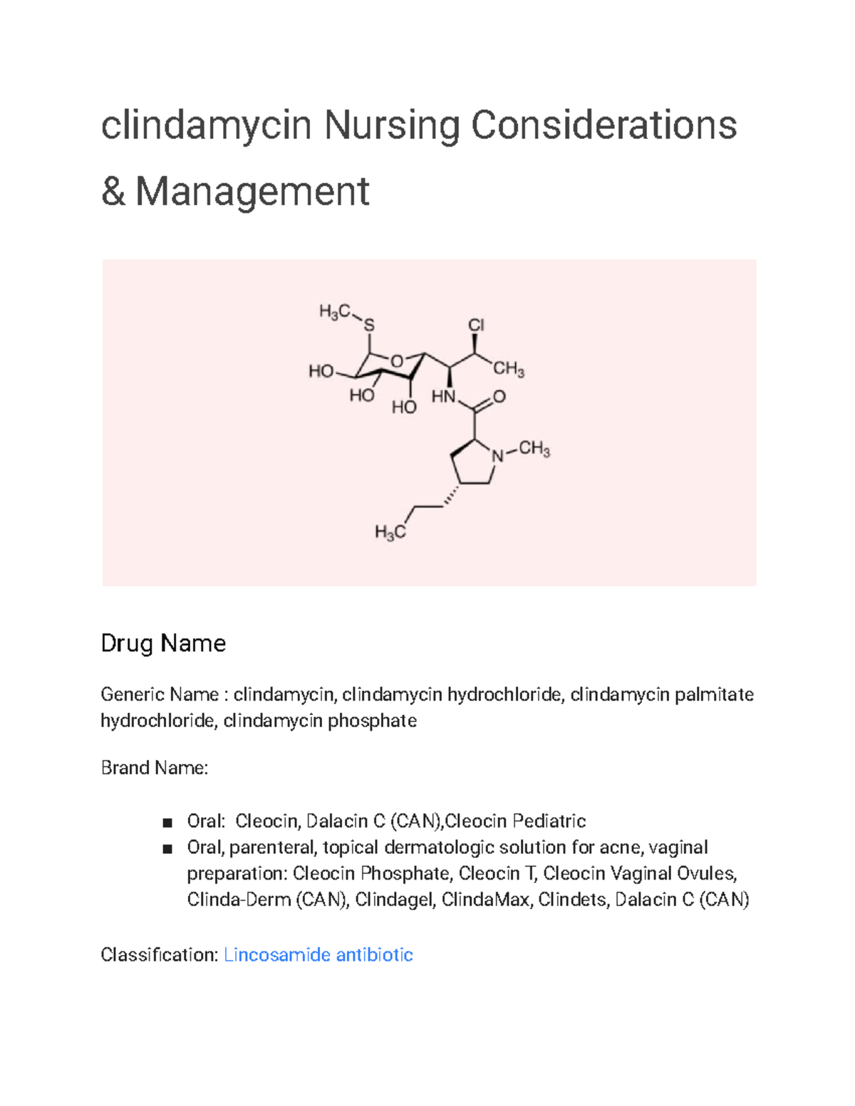 Clindamycin Nursing Management and Considerations - Assignments - Studocu