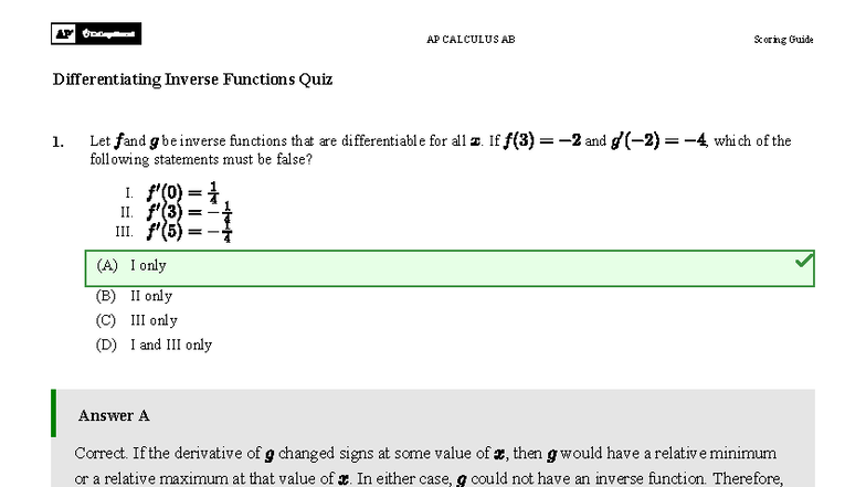 AP CALCULUS AB Differentiating Inverse Functions Quiz Scoring Guide ...