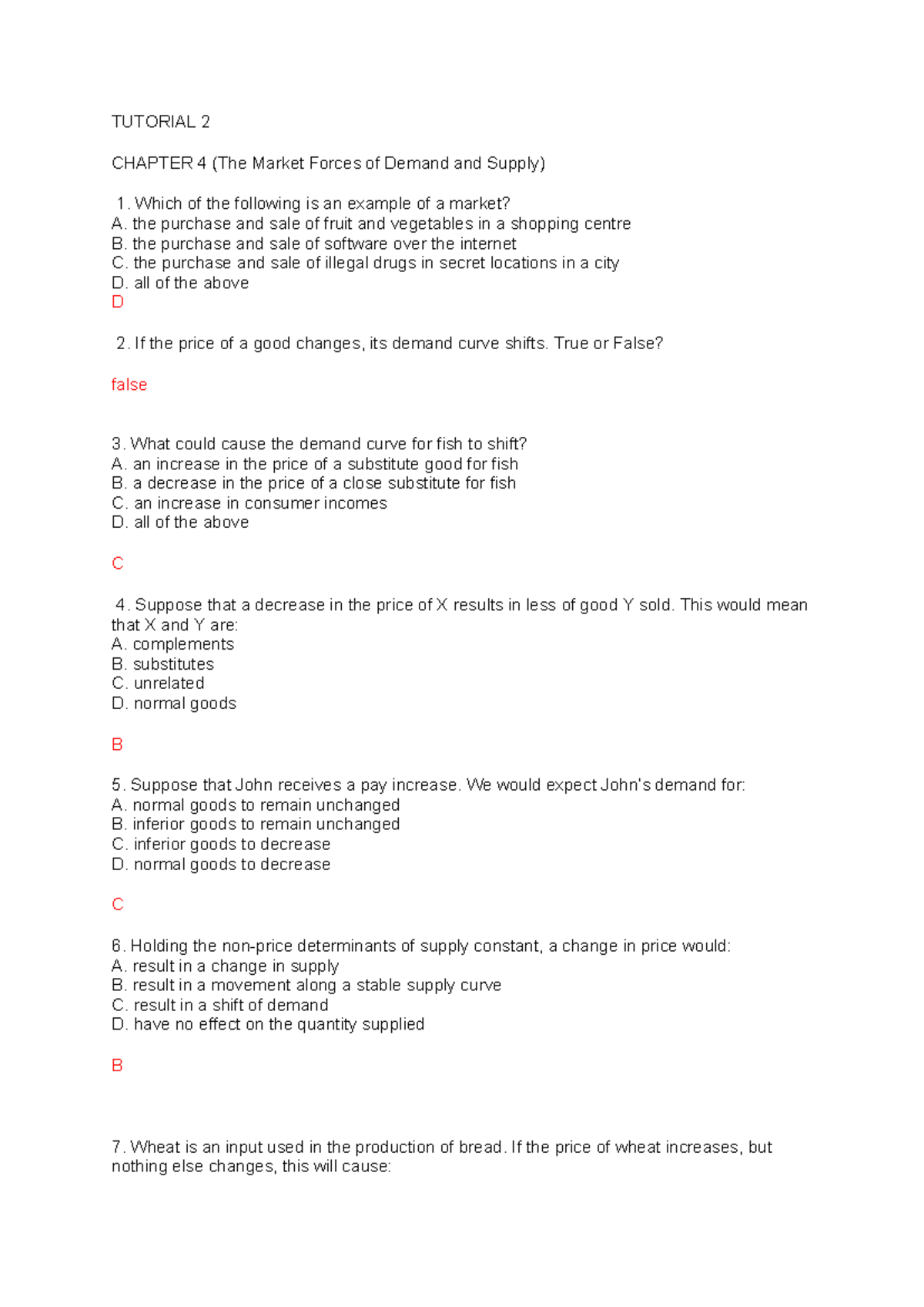 Tutorial 2 Eonomics - TUTORIAL 2 CHAPTER 4 (The Market Forces of Demand ...