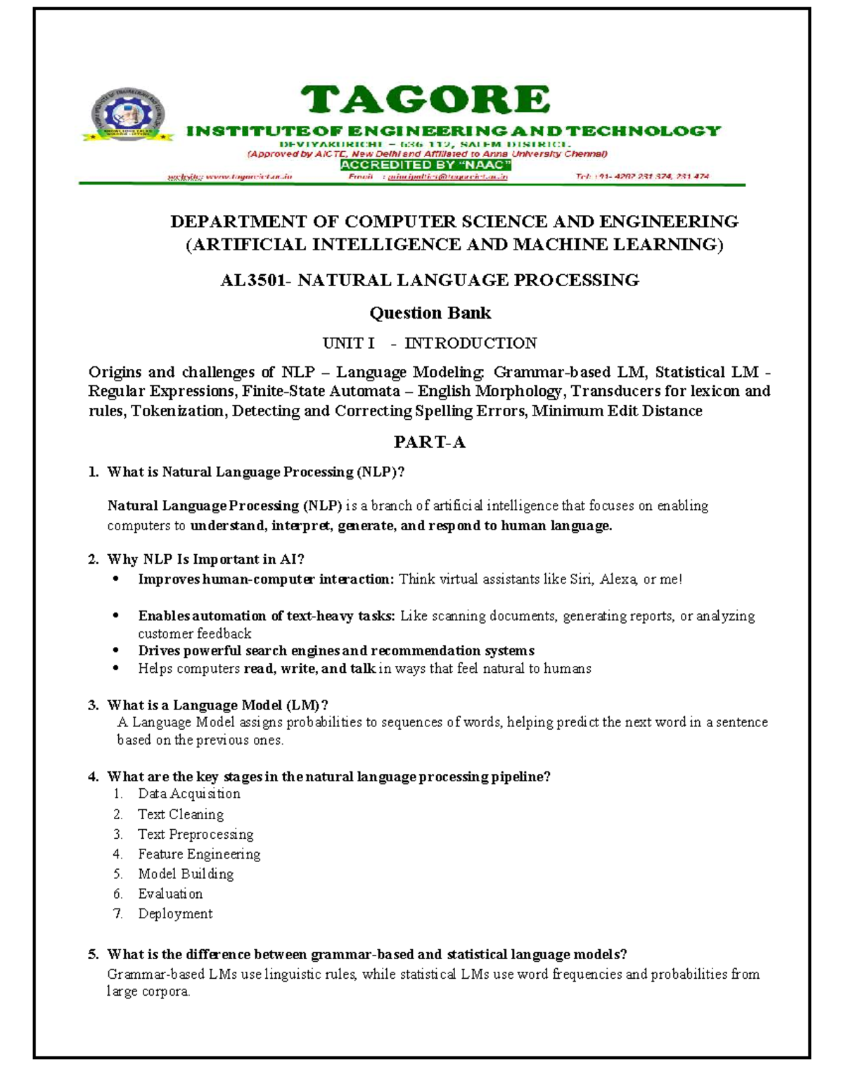 NLP- Question Bank for CSE (AI & ML) - Unit I: Introduction - Studocu