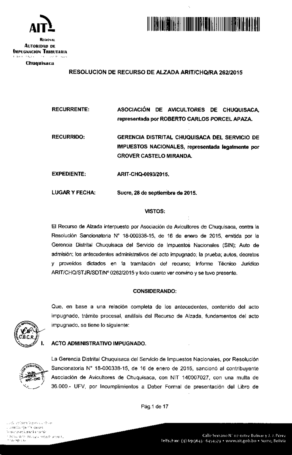 ARIT CHQ RA 0262 2015 - RESOLUCIÓN - AIT! REGIONAL AUTORIDAD DE ...