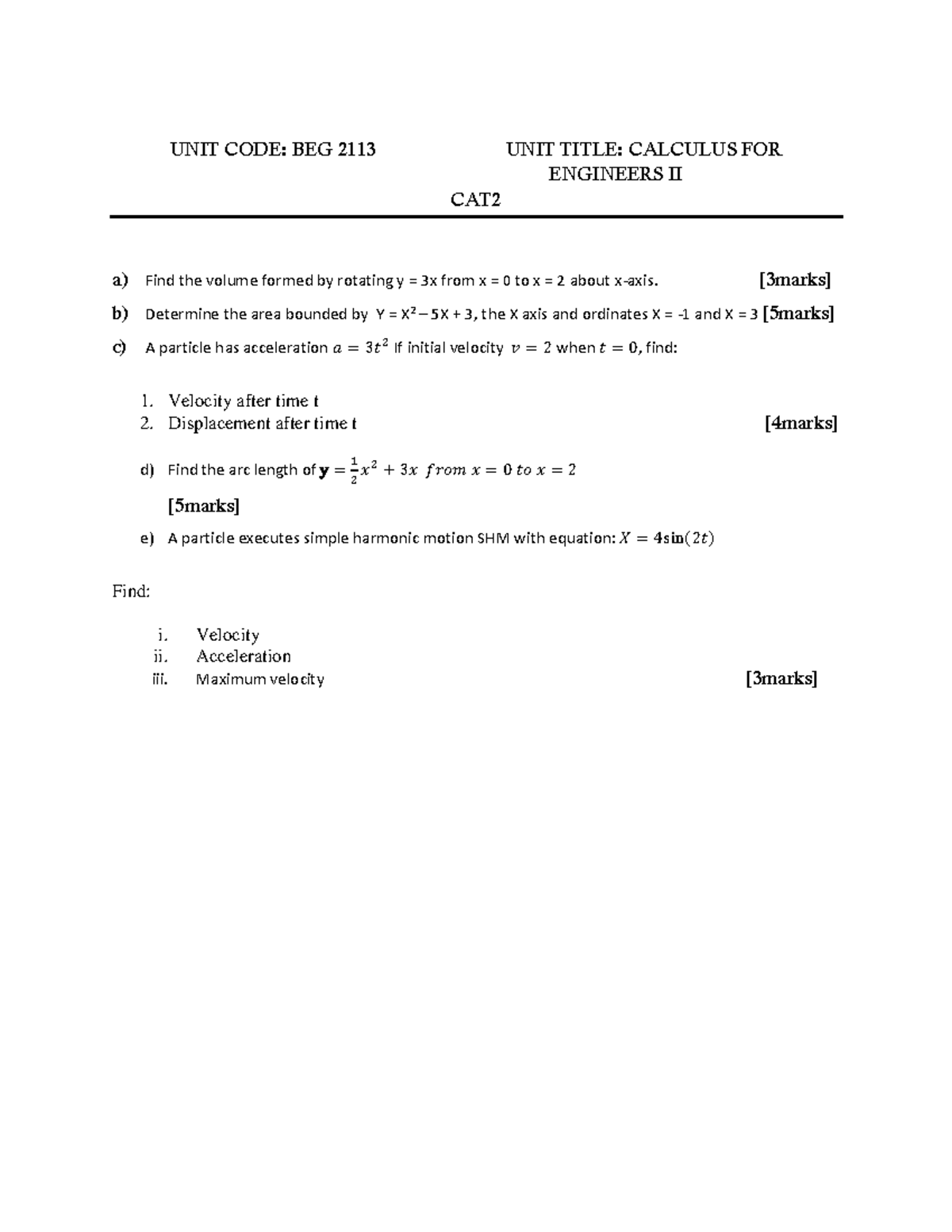 BEG 2113 Calculus for Engineers II CAT 2 Exam Solutions - Studocu