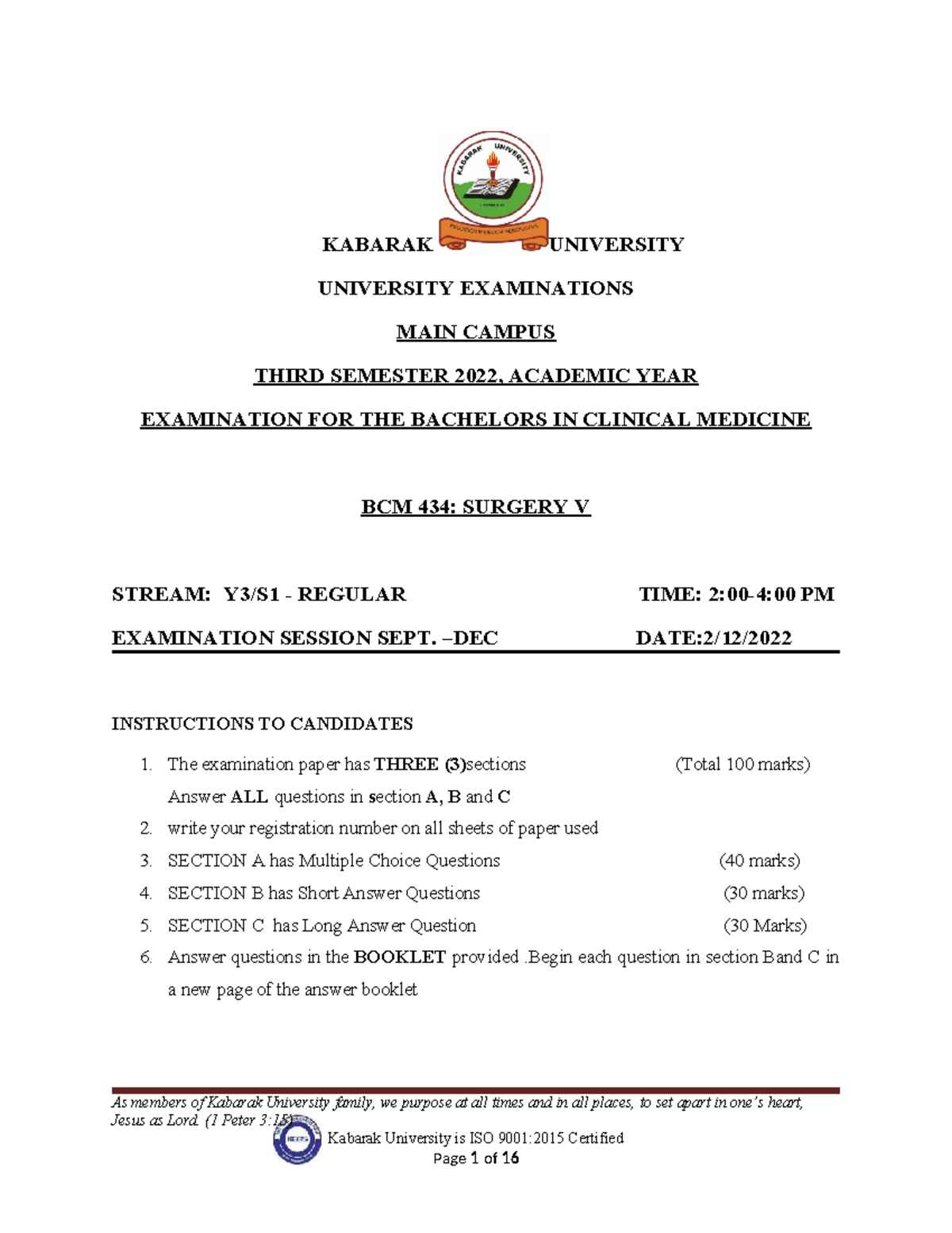 BCM 434: Surgery V - Practice Exam Questions and Guidelines - Studocu