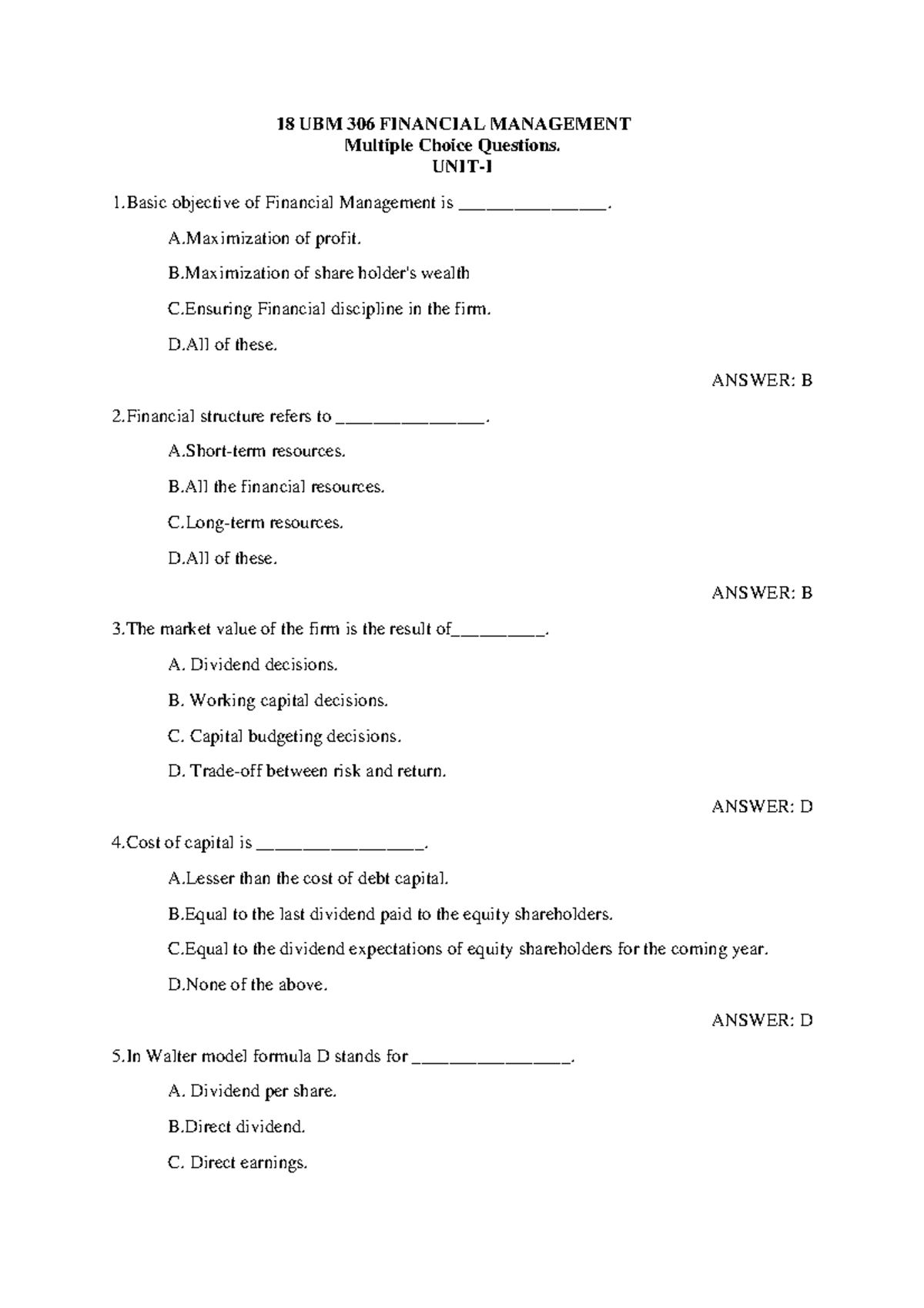 Financial economics test bank for exam - 18 UBM 306 FINANCIAL ...