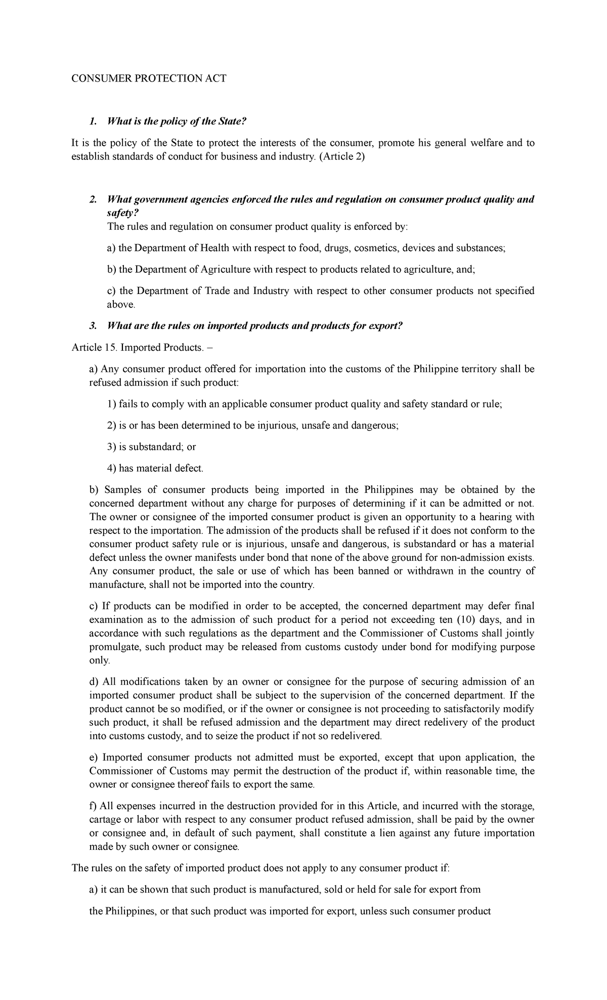 Consumer Protection Act: Q&A on Key Provisions and Regulations - Studocu