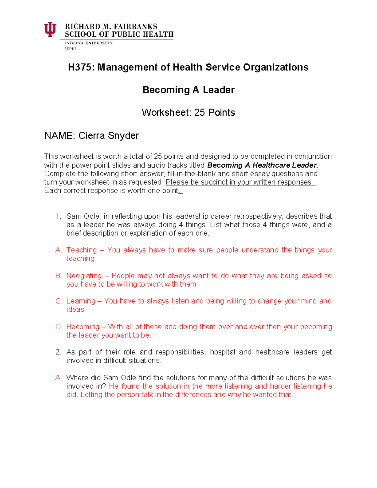 H375: Becoming A Healthcare Leader Worksheet (25 Points) - Studocu