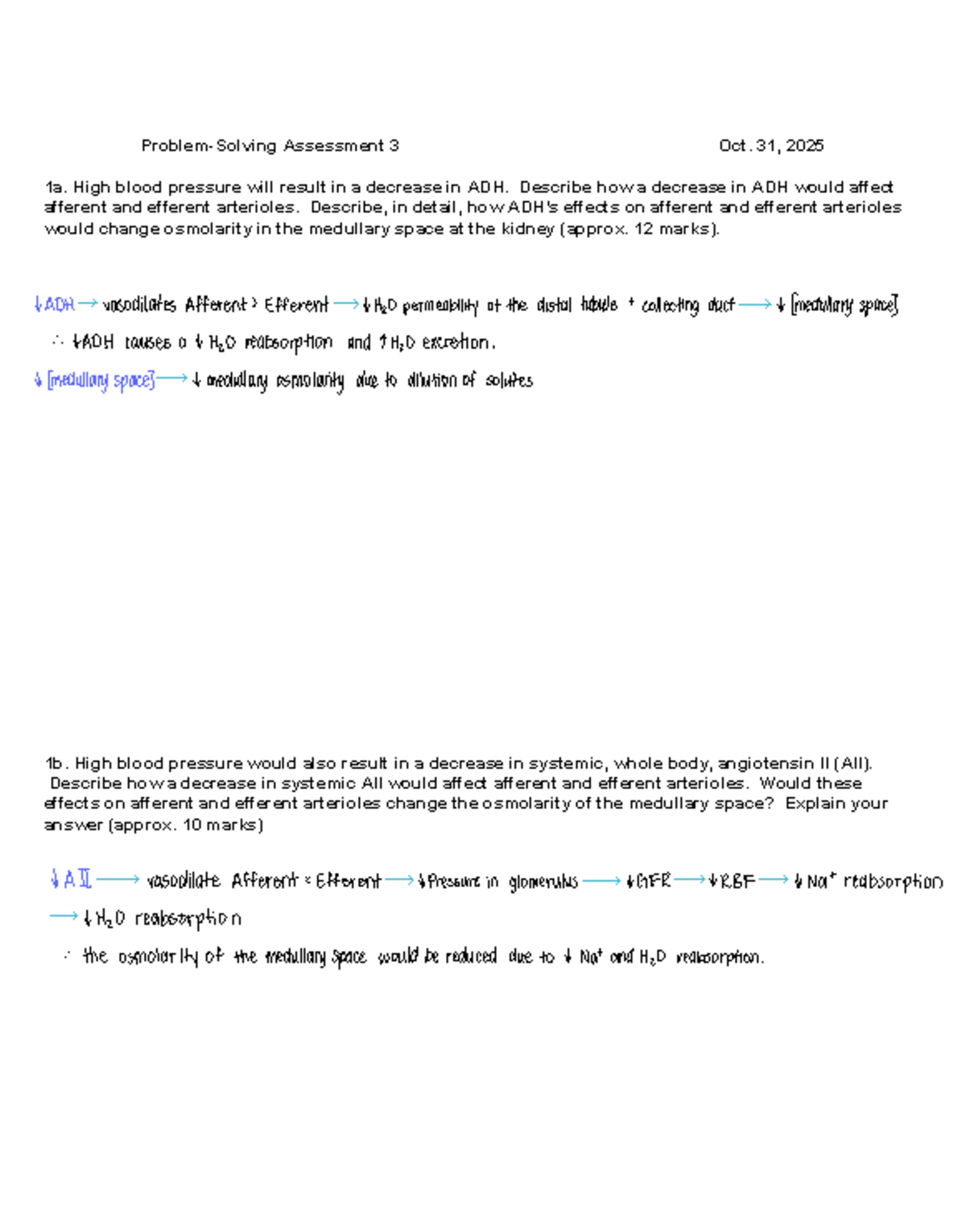 Problem Solving Assessment 3: Effects of ADH & AII on Kidney Arterioles - Studocu