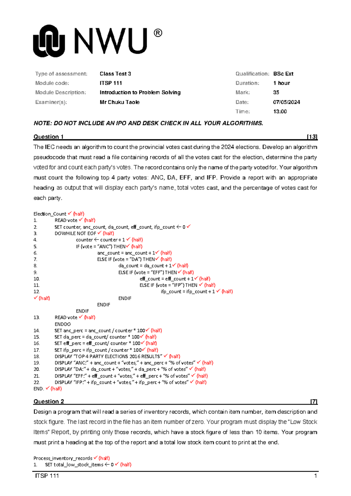 Class Test 3 ITSP: 2024 Election Vote Counting Algorithm Memo - Studocu