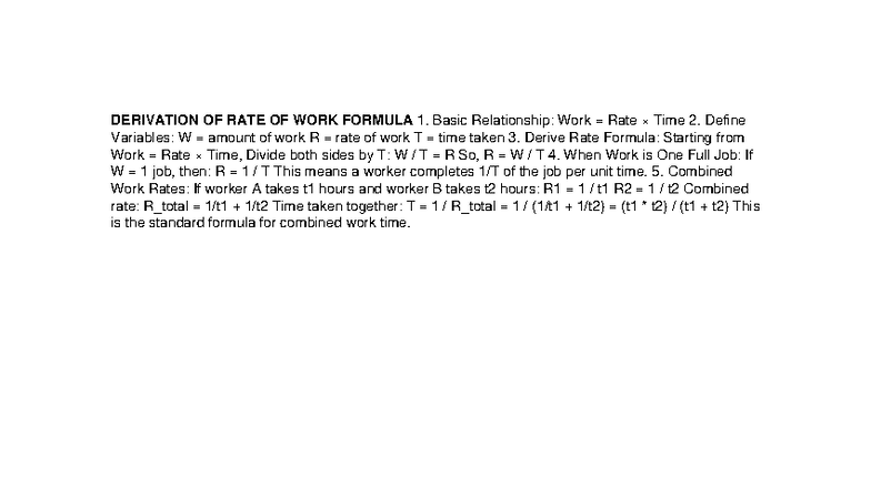 Rate of Work Derivation: Formula and Combined Rates Explained - Studocu